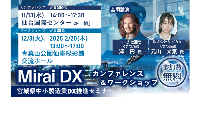【宮城県】「中小製造業DX推進セミナー Mirai DX カンファレンス＆ワークショップ」開催の御案内 | OPEN INNOVATIONみやぎ